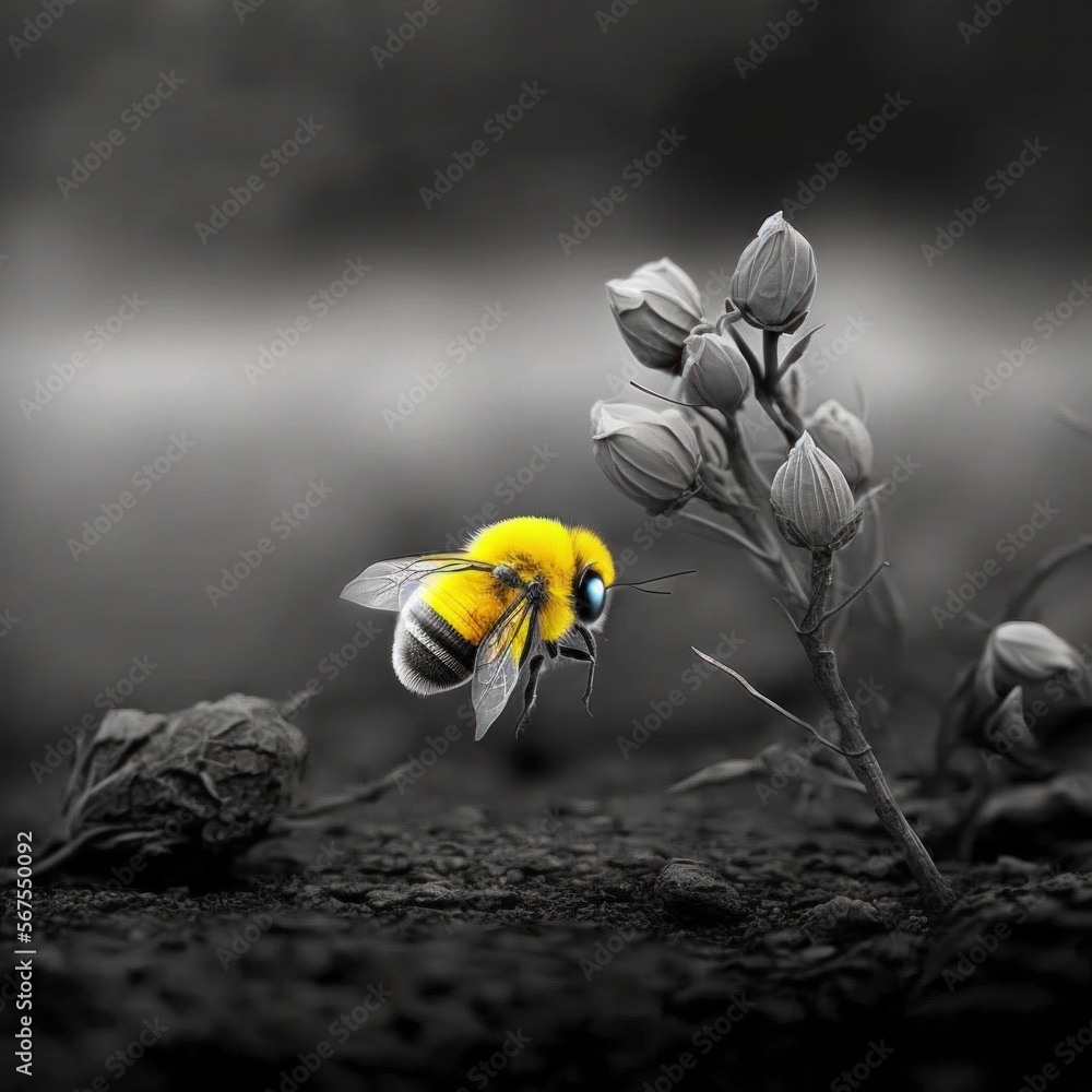 yellow bee alone in a grey dull and withered world. bees getting ...