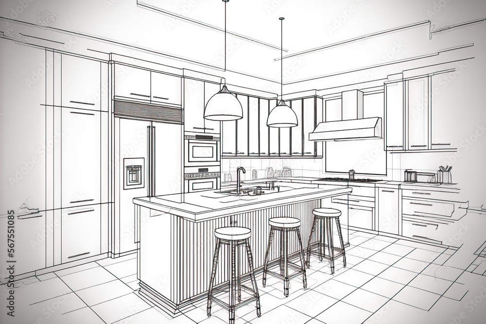 Drawing of the kitchen room's interior. outline schematic for a modern ...