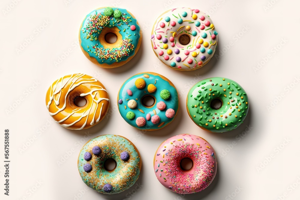 Donuts top view with pastel colors palette over light background ...