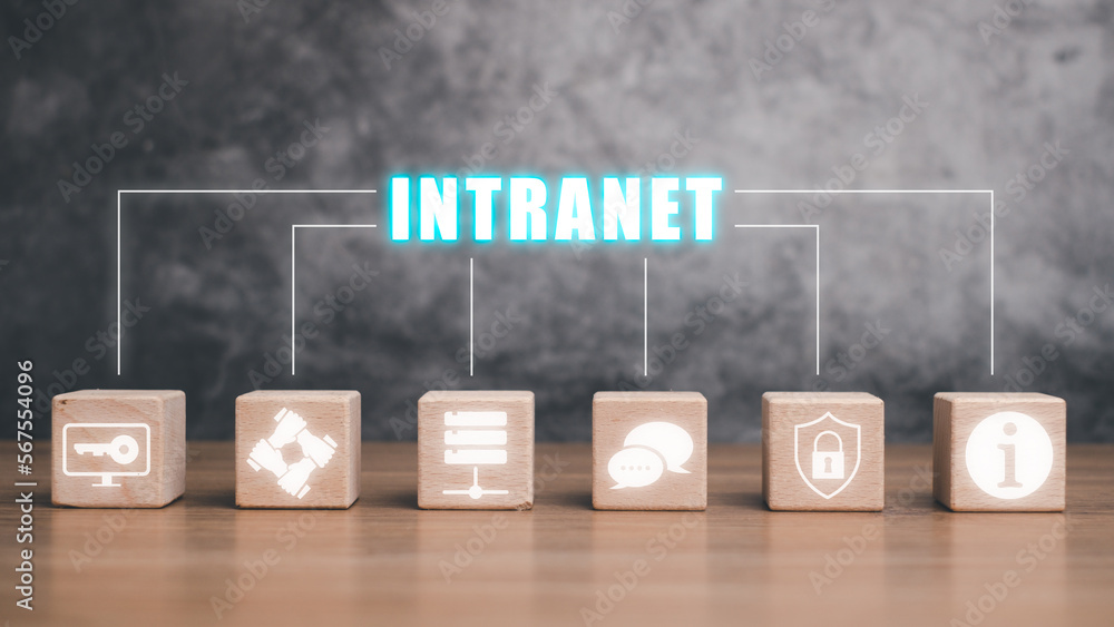 Poster Intranet concept, Wooden block cube on desk with intranet icon ...