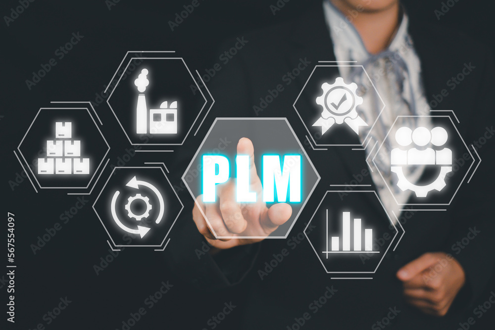 PLM, product lifecycle management concept, Business person hand ...