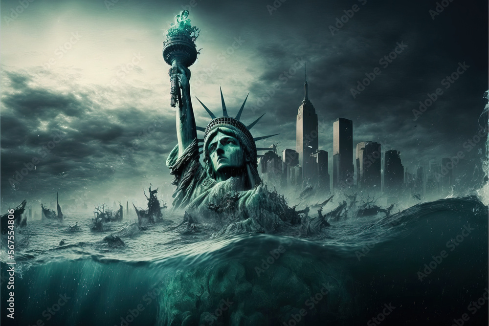 The statue of freedom,, NY, submerged by the waters, an apocalyptic ...