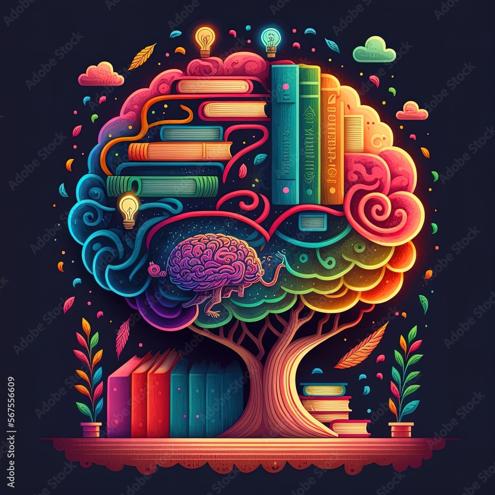 This whimsical image shows a brain with a library inside, its neurons ...