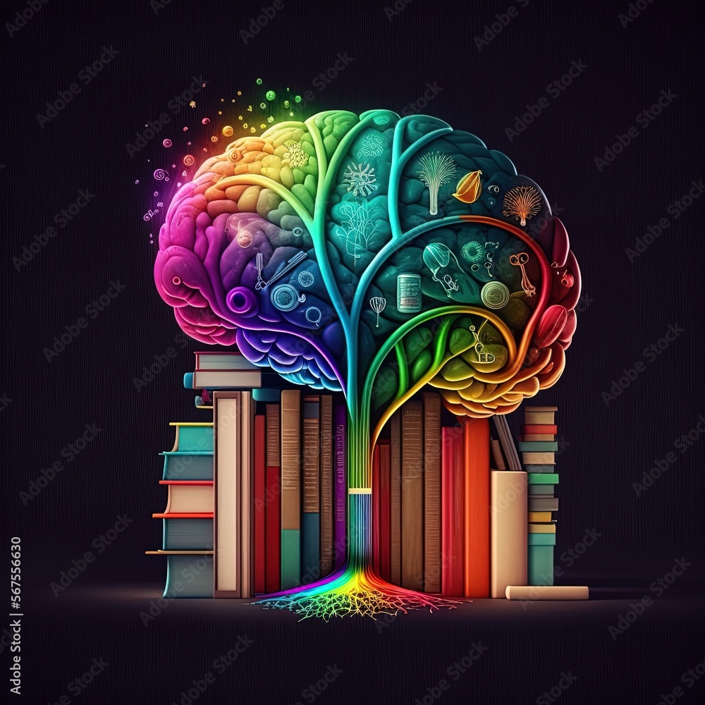 This whimsical image shows a brain with a library inside, its neurons ...