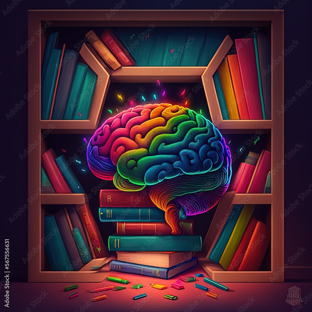 This whimsical image shows a brain with a library inside, its neurons ...