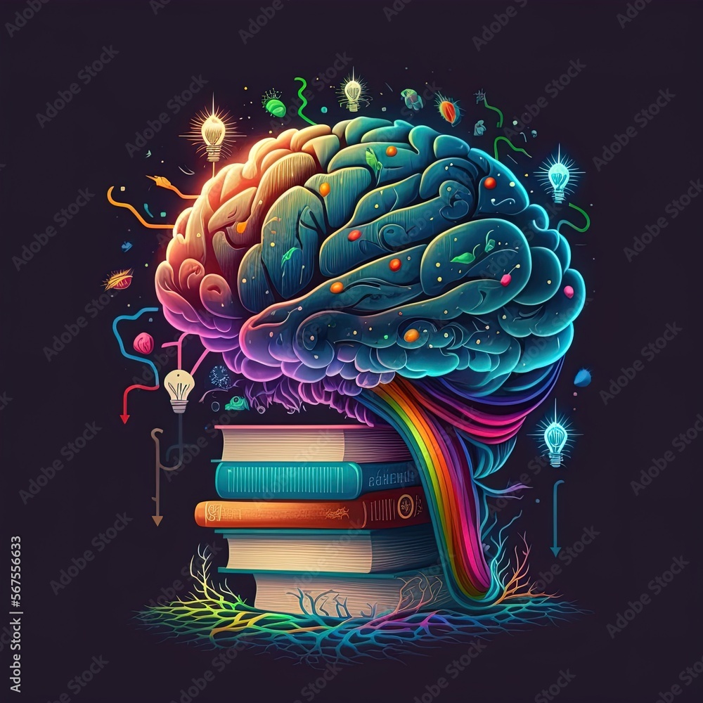 This whimsical image shows a brain with a library inside, its neurons ...