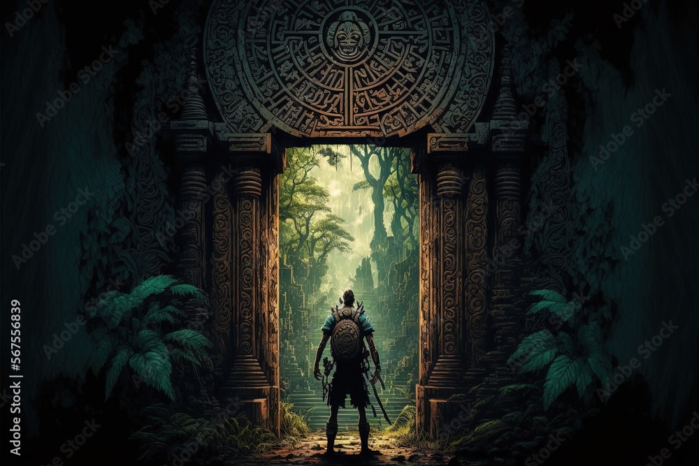 Mayan gate in the forest. Generative AI. Concept art of an explorer ...