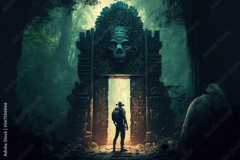 Mayan gate in the forest. Generative AI. Concept art of an explorer ...