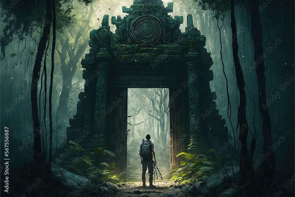 Mayan gate in the forest. Generative AI. Concept art of an explorer ...