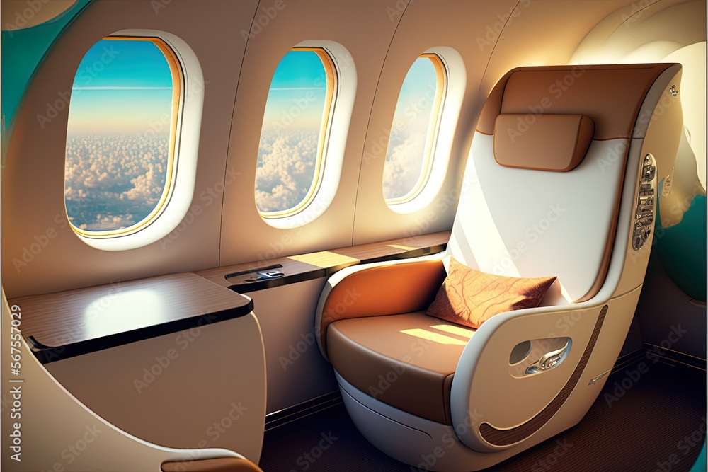 Luxurious first class airplane seat with lots of windows. Generative AI ...