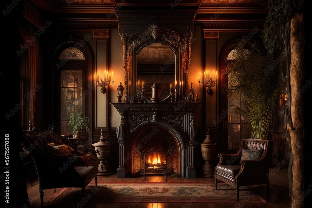 Elaborate castle style living room with fire place. Gothic, medieval ...