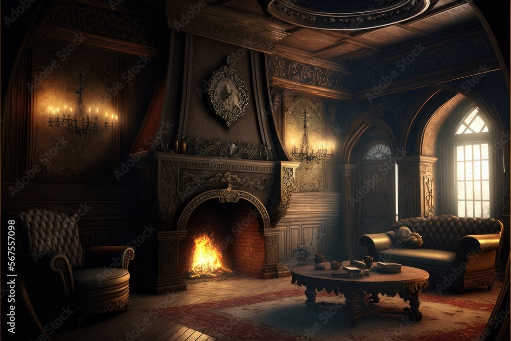 Elaborate castle style living room with fire place. Gothic, medieval ...