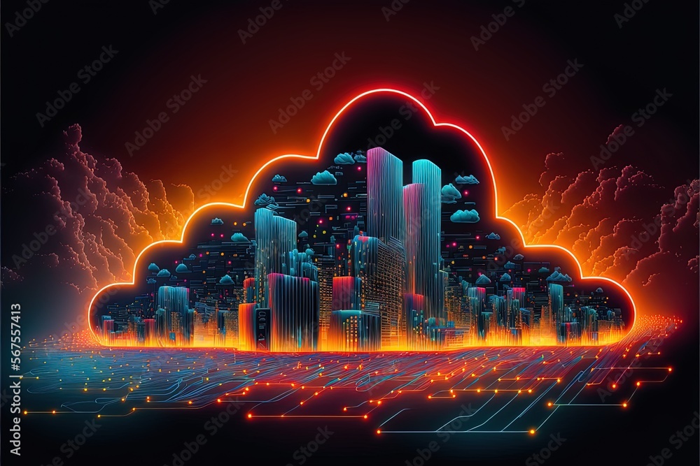 Cloud computing technology above the city concept background, digital illustration, network ...