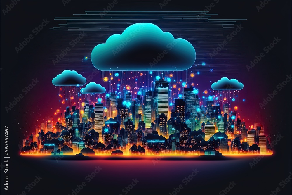 Cloud computing technology above the city concept background, digital ...