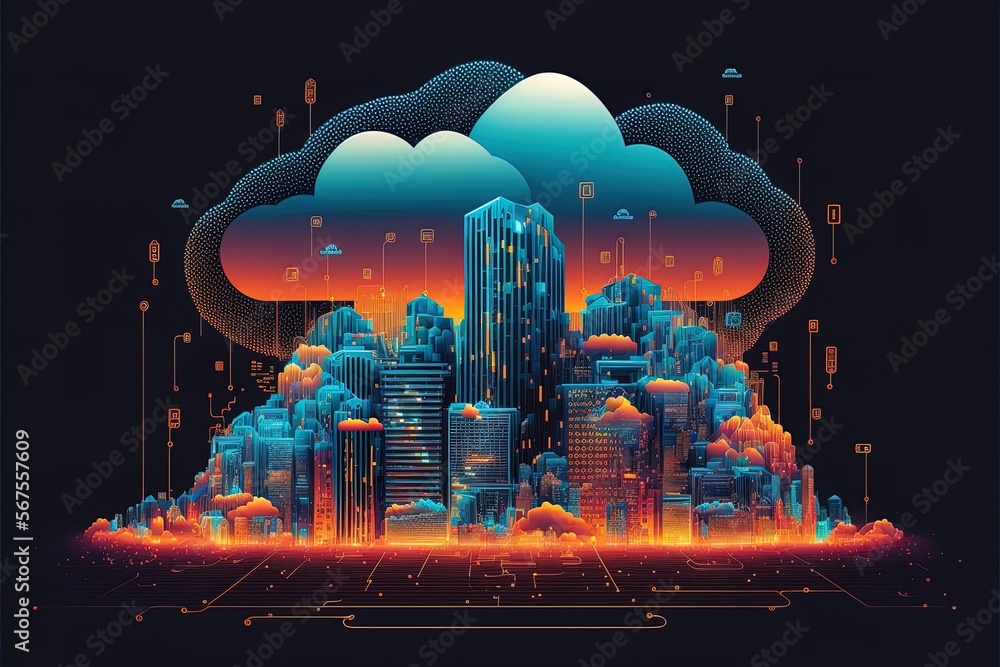 Cloud computing technology above the city concept background, digital ...