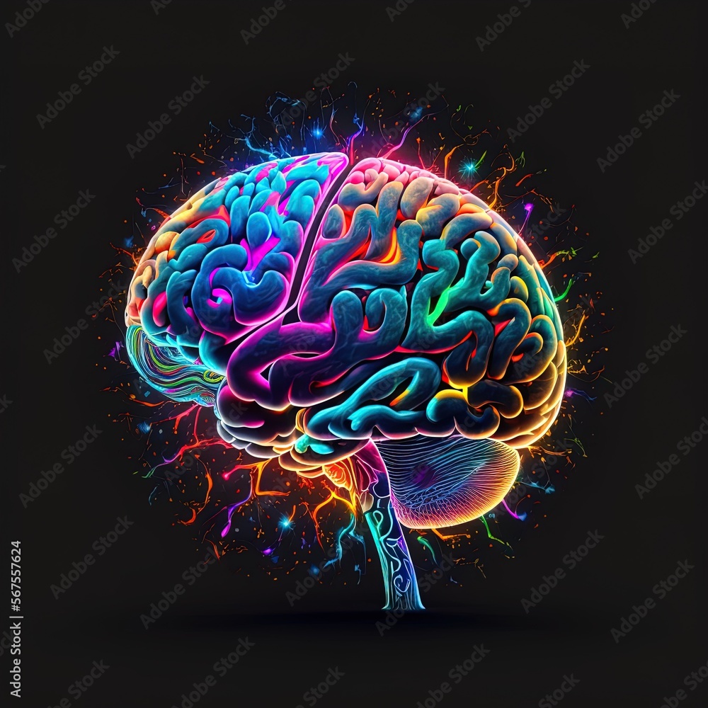 Generative AI brain art NFT neon and cyberpunk color, holography ...