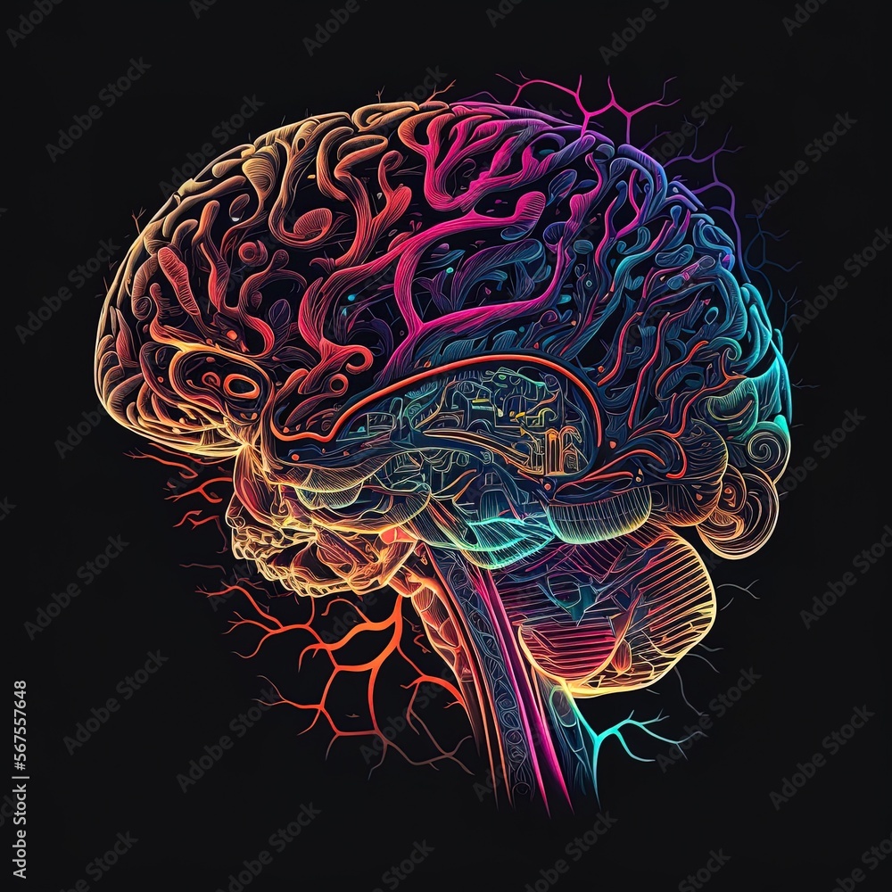 Generative AI brain art NFT neon and cyberpunk color, holography ...