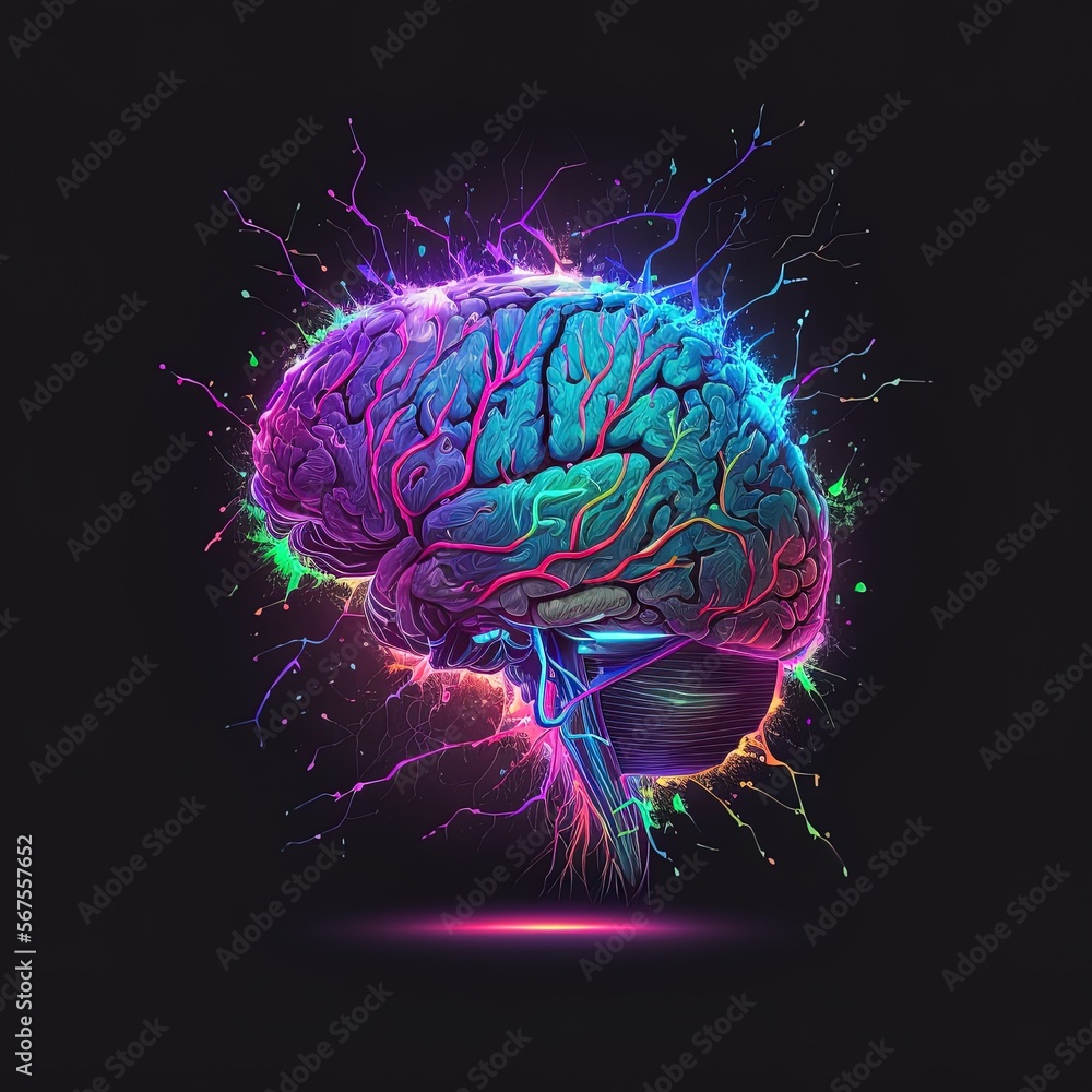 Generative AI brain art NFT neon and cyberpunk color, holography ...