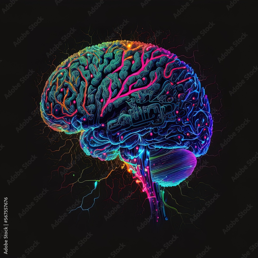Generative AI brain art NFT neon and cyberpunk color, holography ...