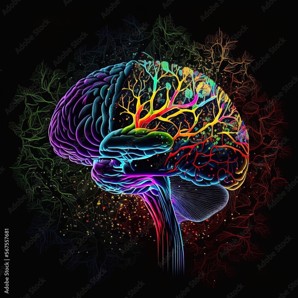 Generative AI brain art NFT neon and cyberpunk color, holography ...