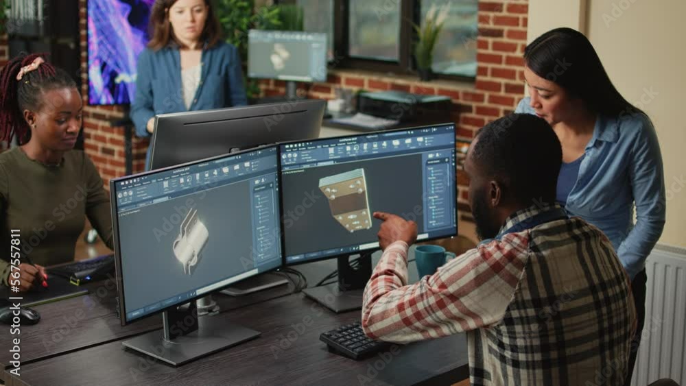 Creative 3d engineers designing mechanical clamp on manufacturing cad ...