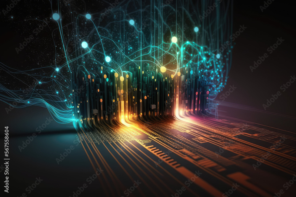 Binary code and optical fiber cable light up dark cyber landscape ...