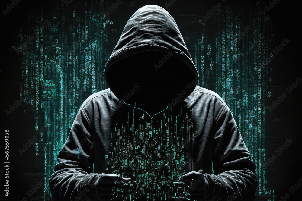 Dark, ominous hacker in front of black computer screen, hacking into a ...