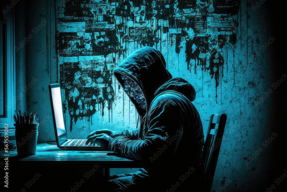 Dark-lit room with a hacker typing on a laptop, generative ai ...