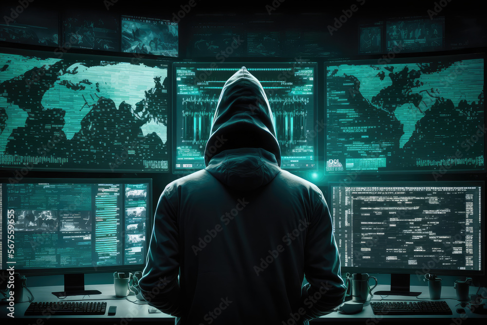 Hacker in front of multiple screens, accessing confidential information, generative ai ...