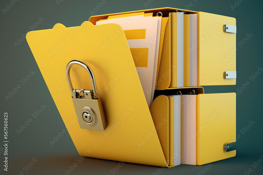 Stacked yellow folders, each with a key lock, emphasizing protection ...