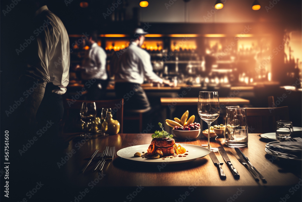 blurred restaurant background with some people eating and chefs and ...