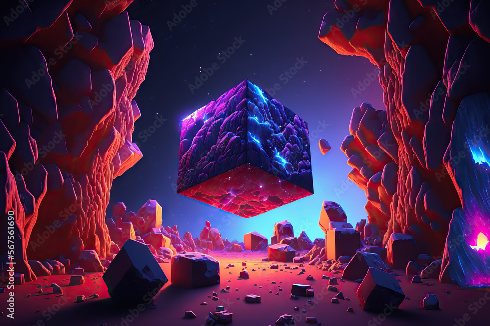 Cube effect, a virtual reality space universe in a block. Asteroid ...
