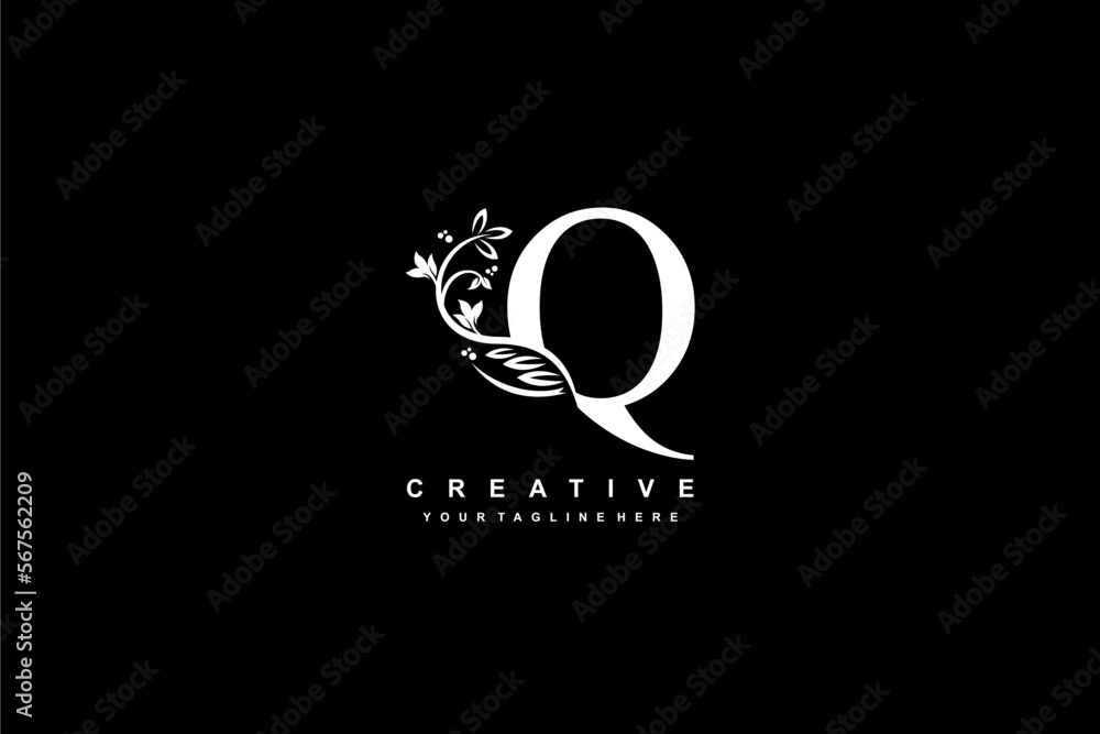 letter Q logo design with flowers, leaves and feathers in a beautiful ...