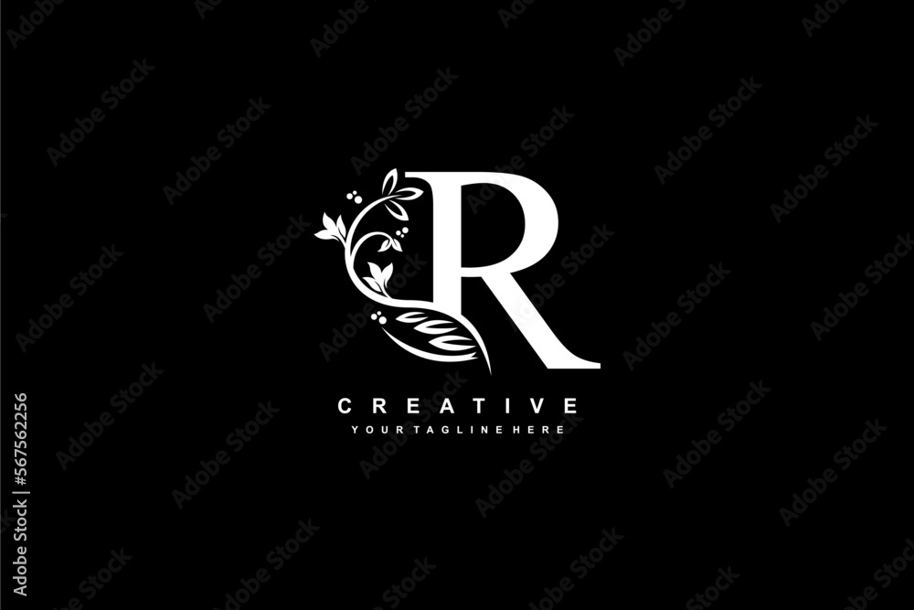 letter R logo design with flowers, leaves and feathers in a beautiful ...