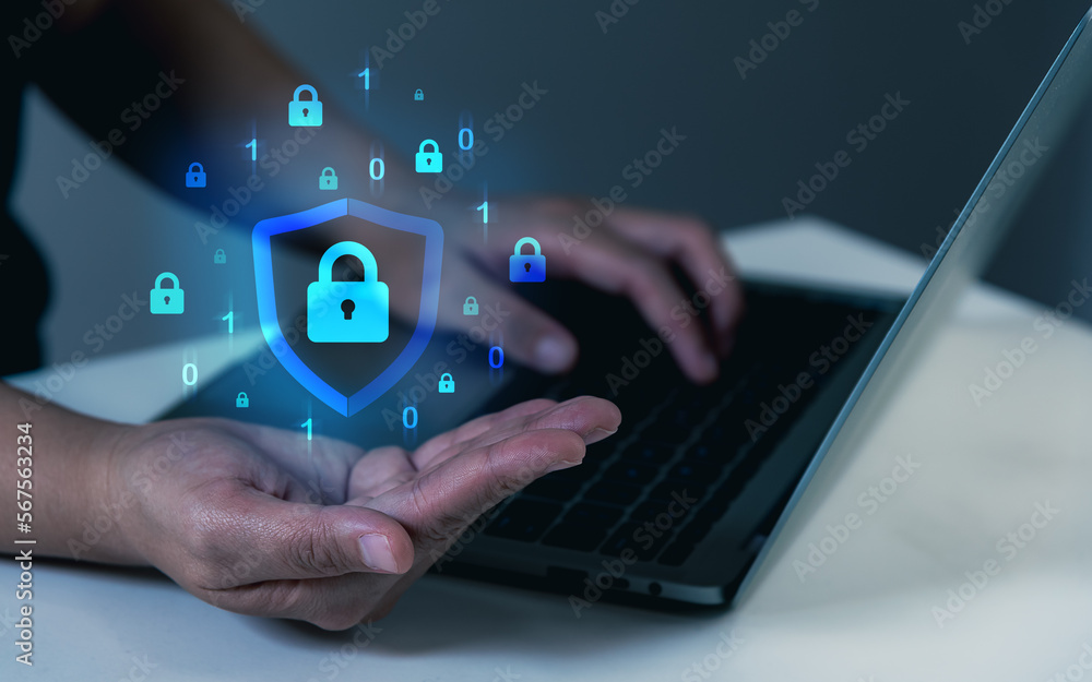 Cybersecurity, firewall, person hand showing padlock and coding to lock ...