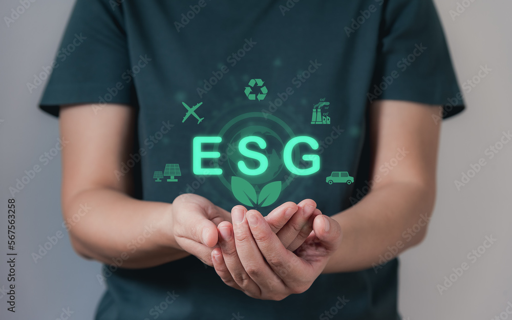Foto de ESG environmental social governance, sustainable, person using hand touching esg icons ...