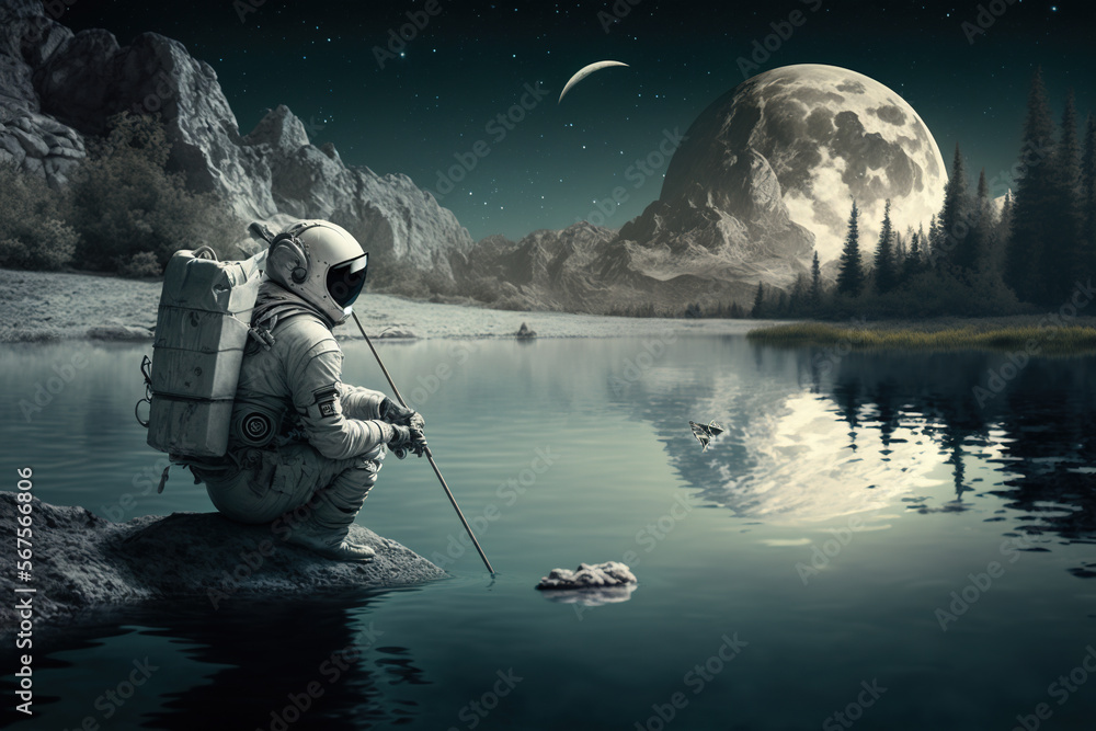ASTRONAUT FISHING ON THE MOON AND SPACE GENERATIVE AI Stock Illustration | Adobe Stock