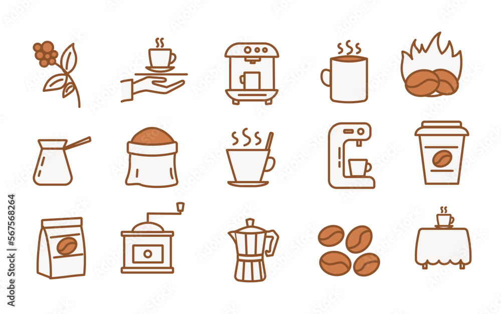 Coffee brown icons set. Collection of graphic elements for website. Hot ...