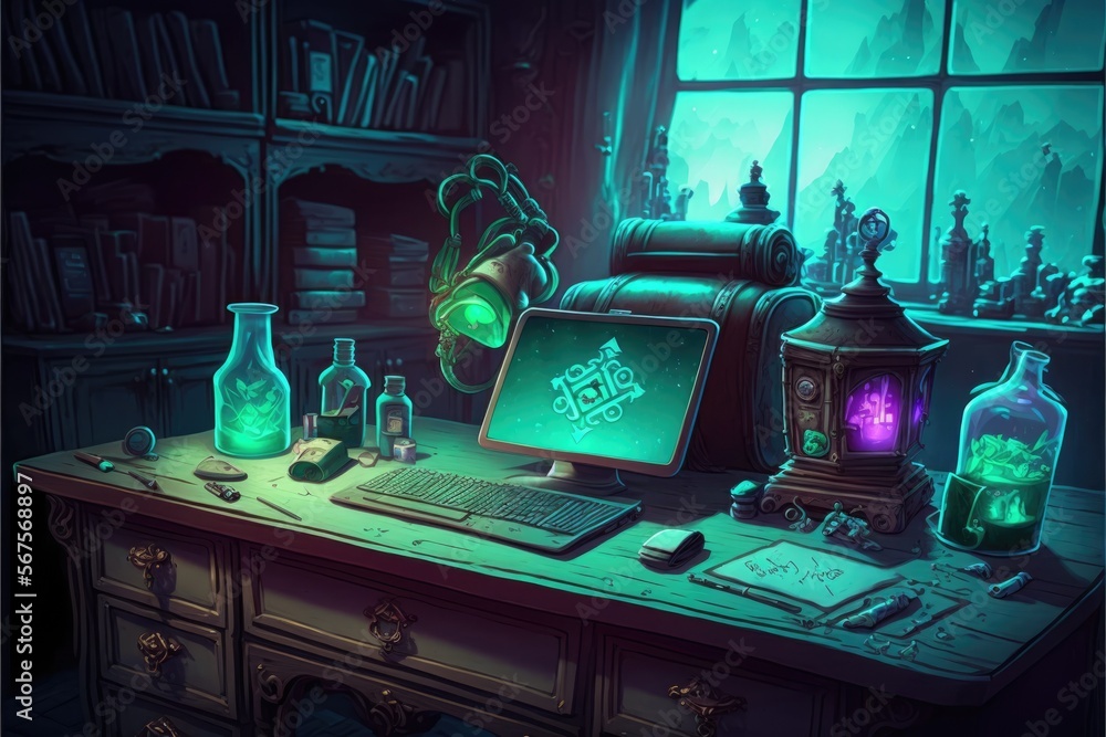 The modern alchemist: laptop computer on a desk full of cluttered ...