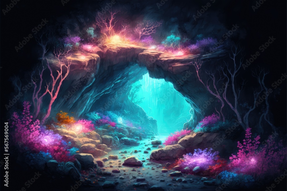 glowing underwater cave with bioluminescent magical alien plants, pink ...