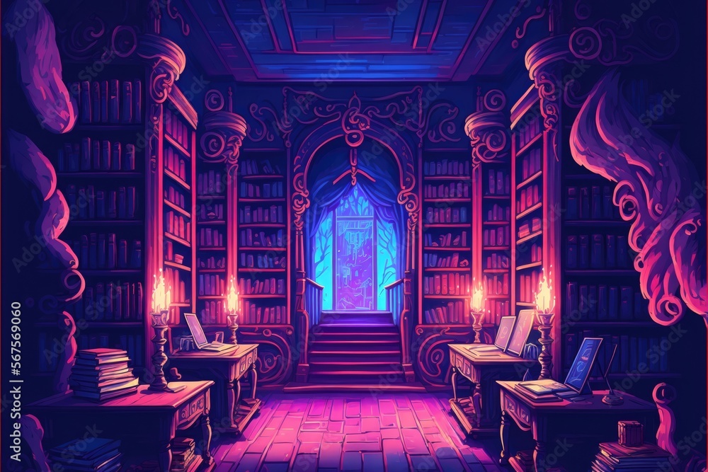 library entry in a magical fantasy school, setting for a tabletop ...