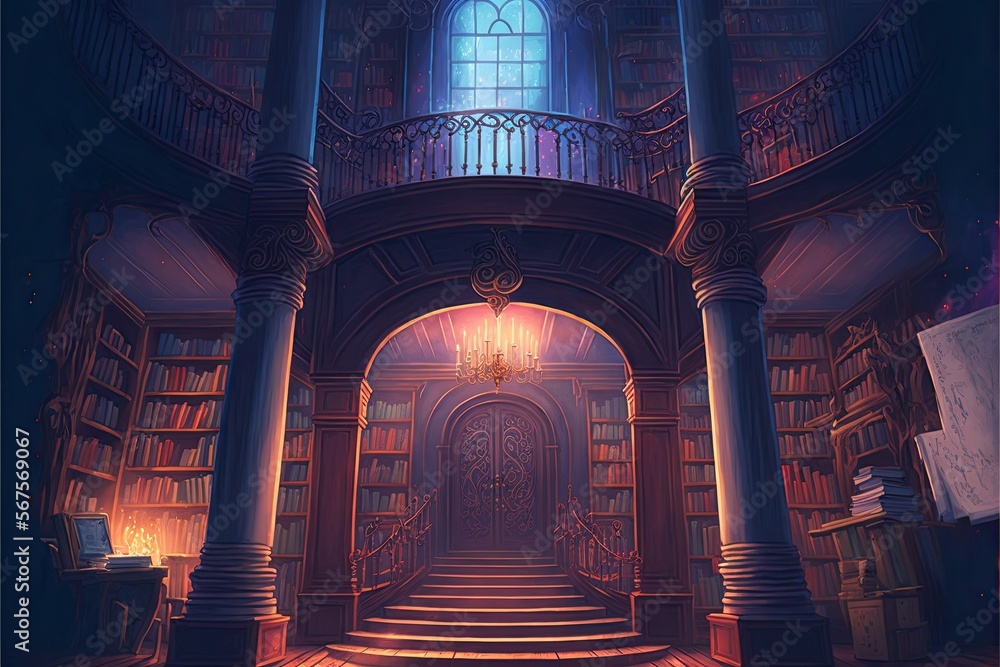 library entry in a magical fantasy school, setting for a tabletop ...