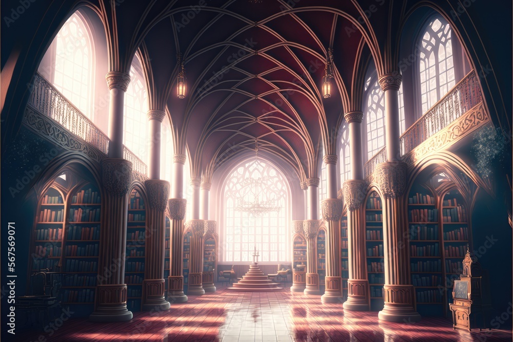 library entry in a magical fantasy school, setting for a tabletop ...