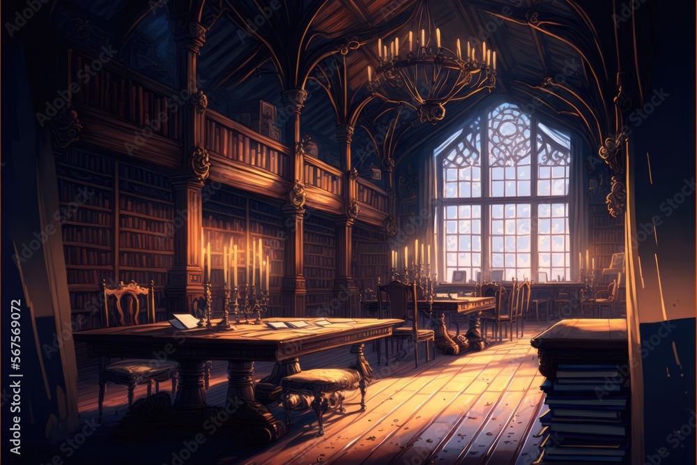 library entry in a magical fantasy school, setting for a tabletop ...