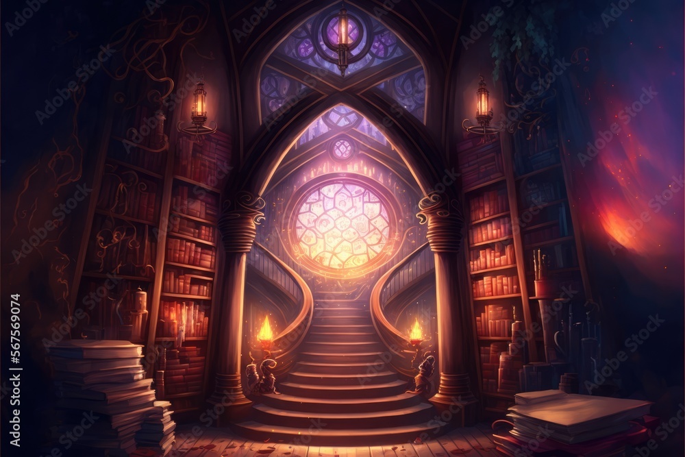 library entry in a magical fantasy school, setting for a tabletop ...