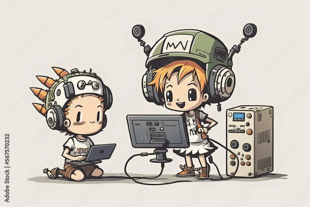 Cute cartoon characters, factory and working person using wifi ...