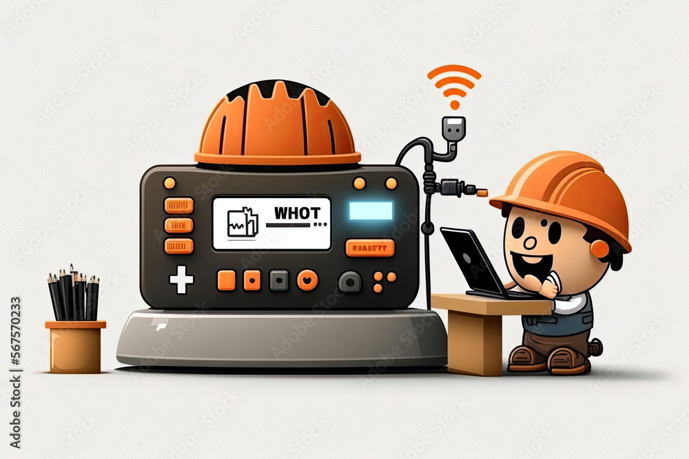 Cute cartoon characters, factory and working person using wifi ...
