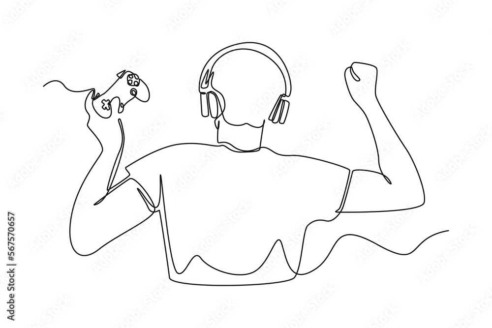Continuous one line drawing Back view happy boy winning Online Game. E ...