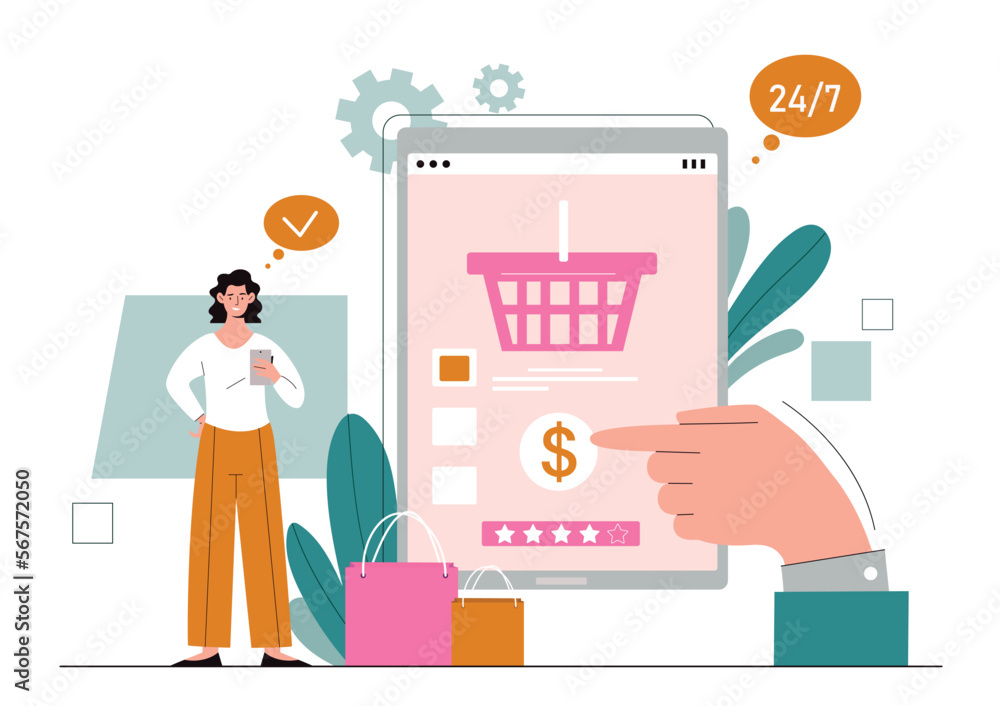 Online service concept. Woman standing next to smartphone screen. Home ...