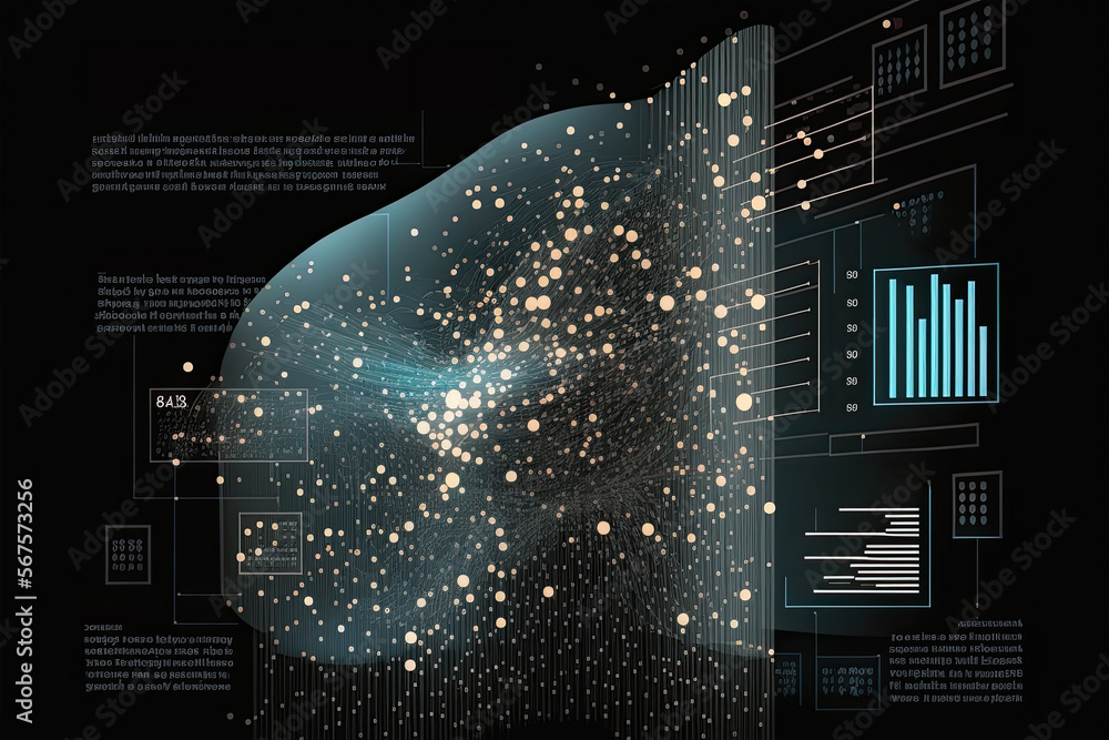 Big data technology and data science, visualizing complex data set on virtual screen, Data flow ...